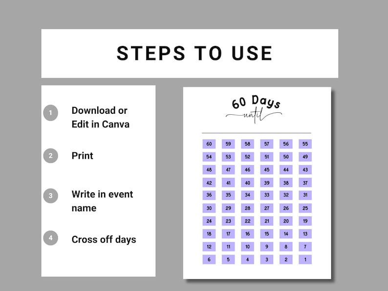 30, 60, 100 Day Printable Countdown Tracker, Countdown for Vacation ...