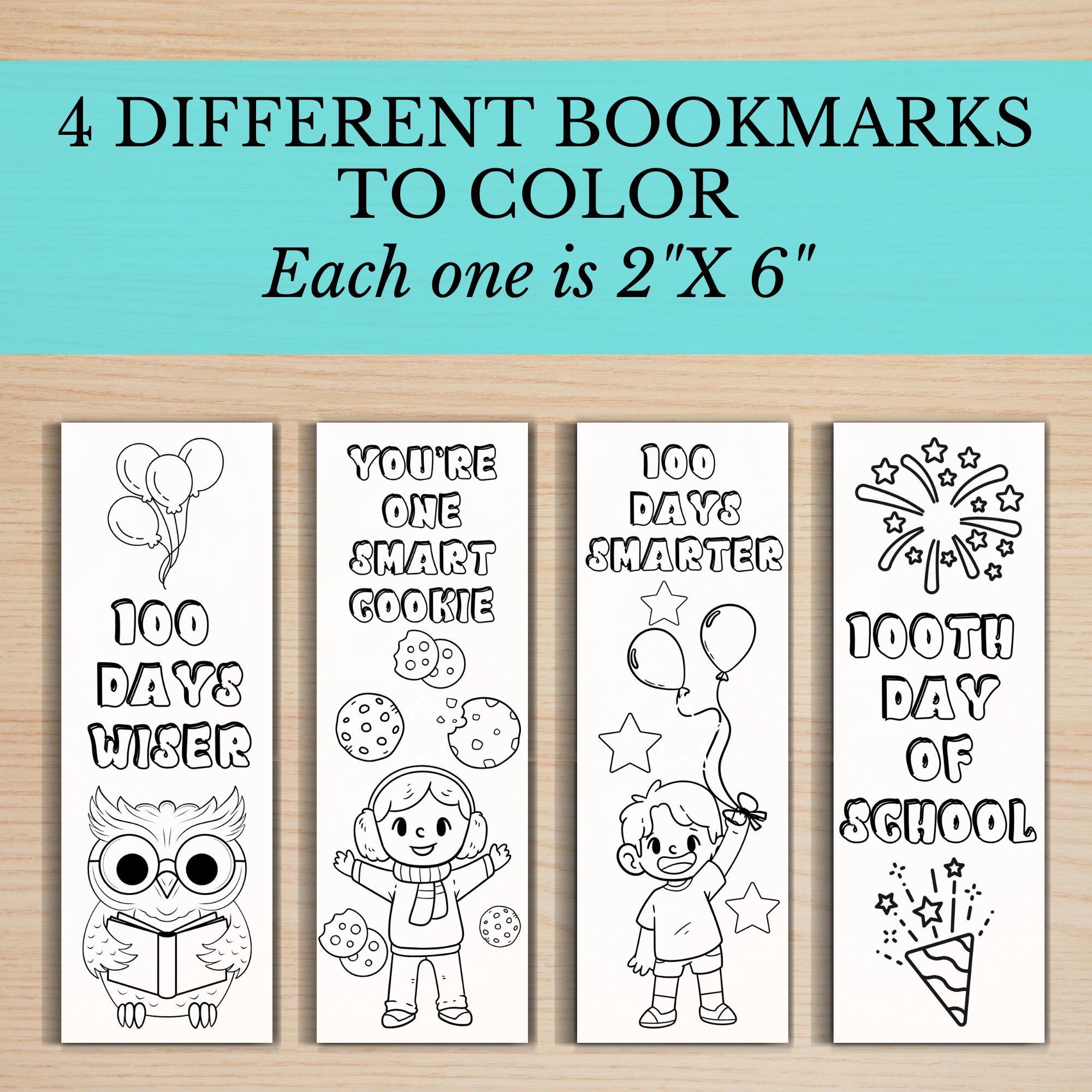 100th Day of School Coloring Bookmarks, Fun Kids Coloring Activity, 4 ...