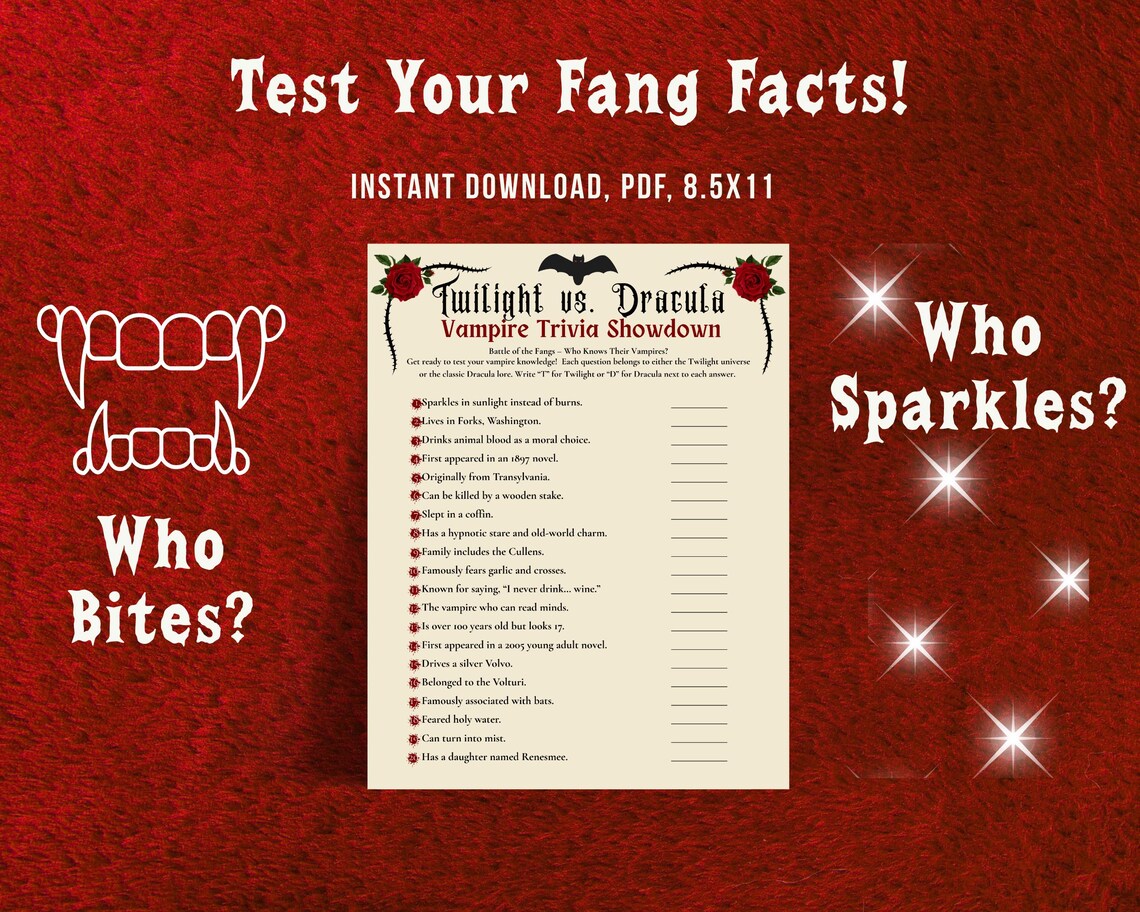 Twilight Vs Dracula, Vampire Trivia Game Printable, Halloween Party ...