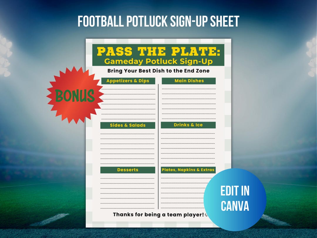 Football Potluck Sign-up Sheet, Game Day Party Food List, Edit in Canva ...