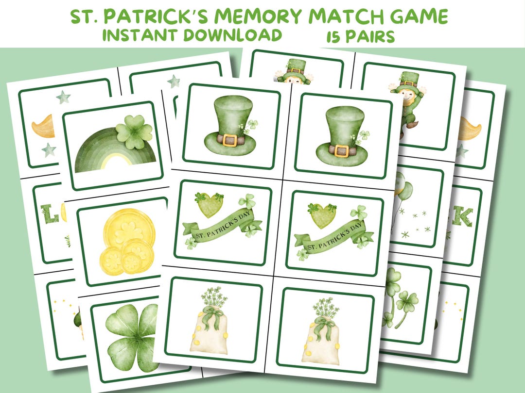 St. Patrick's Day Memory Match Game, Kids Printable Matching Game ...