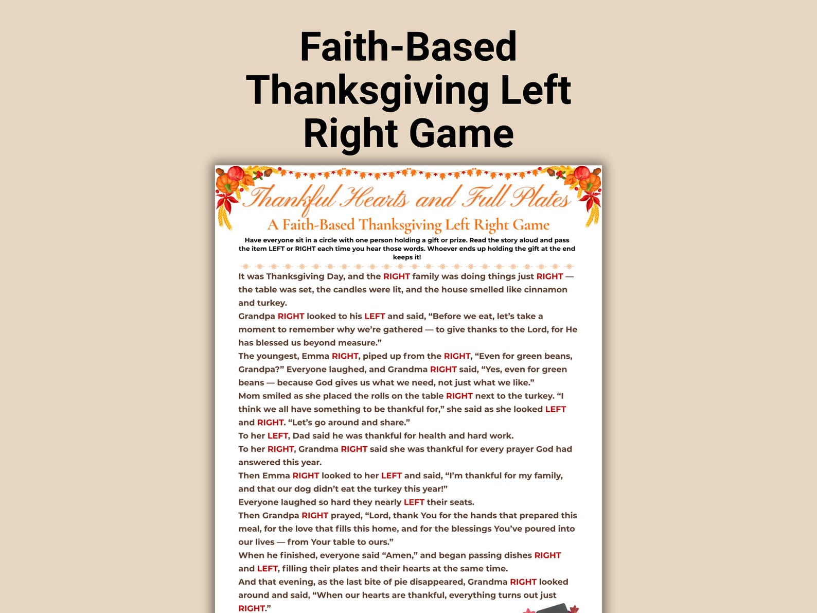 Thanksgiving Left Right Game, Faith Based Pass the Prize, Fall Party ...