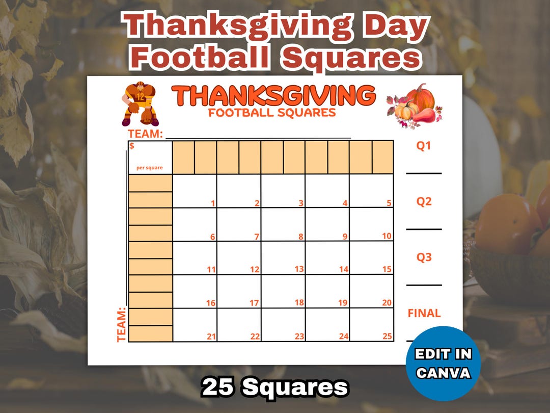 Thanksgiving Football Squares Printable, Office Football Pool, 25 ...