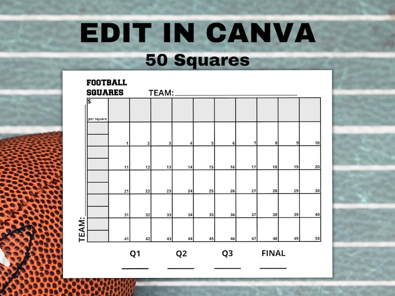 50 Football Squares Editable & Printable, Office Football Pool, Square ...