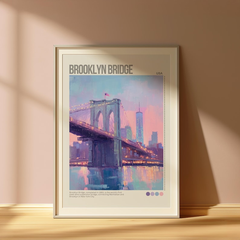 Brooklyn Bridge NYC Poster, Colorful Cityscape Wall Art Print, Sunset ...