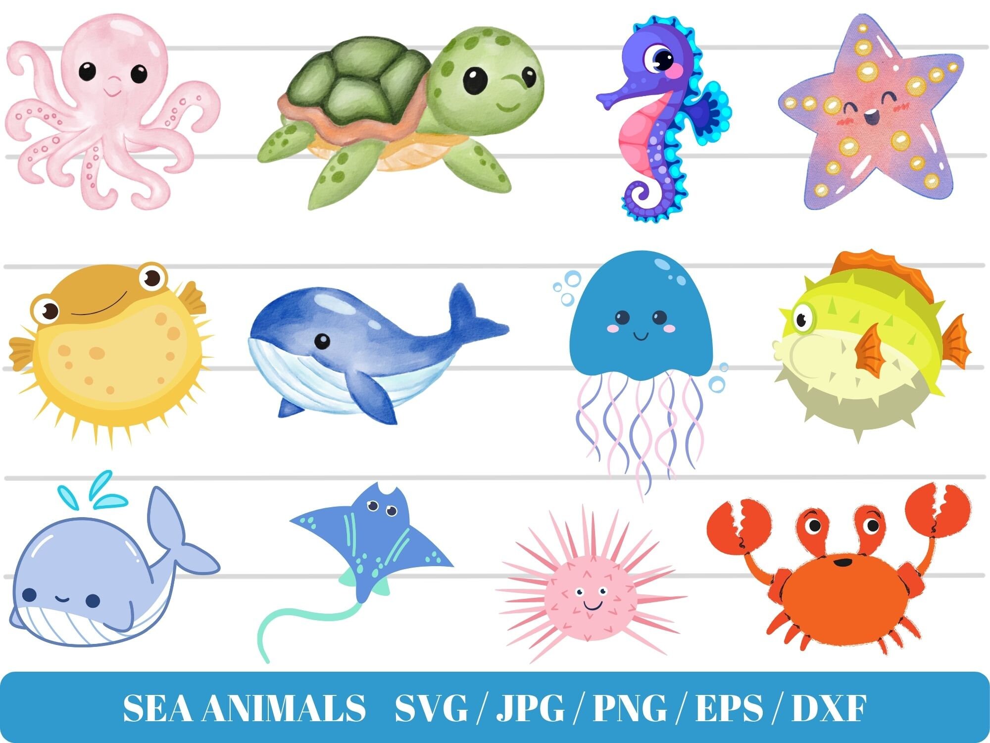 Cute Sea Animals SVG, Ocean Sea Animals PNG Clipart, Starfish, Whale ...