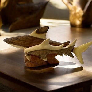 Hand-carved Wooden Shark Mother and Calf Sculpture – Unique Ocean Decor ...