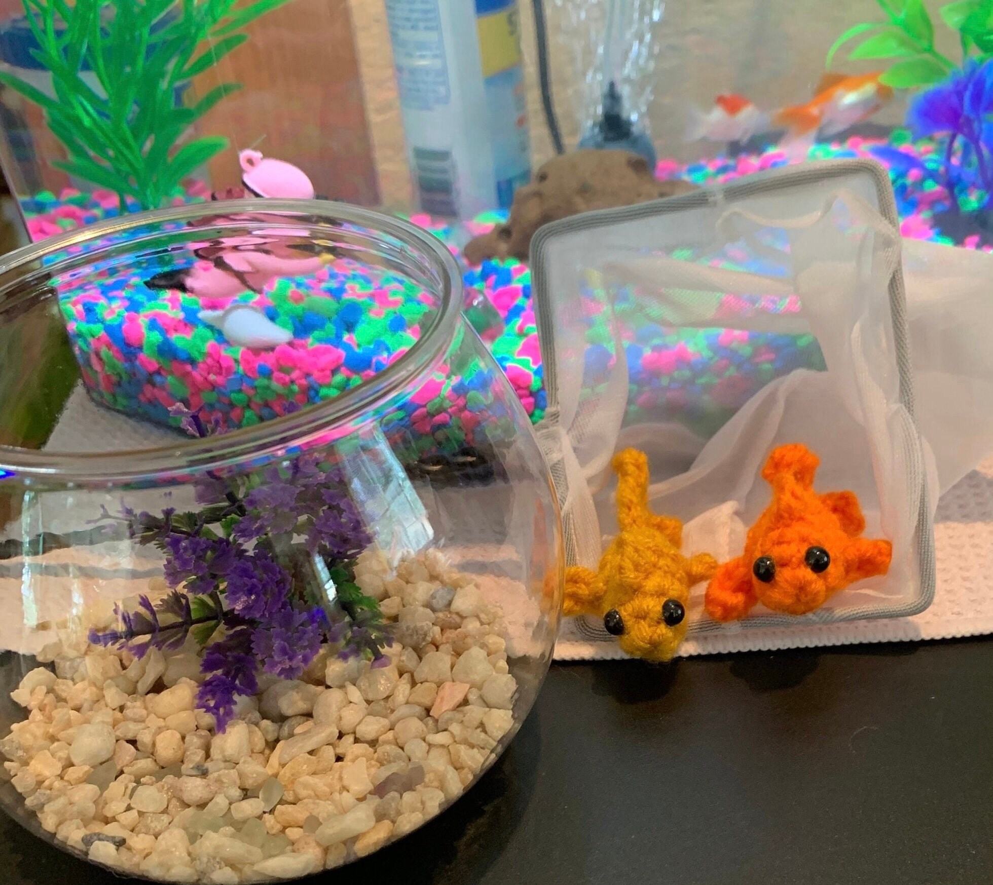 Pick Your Fish X2, 2-mini Crochet Goldfish in Plastic 27 Oz Fishbowl ...