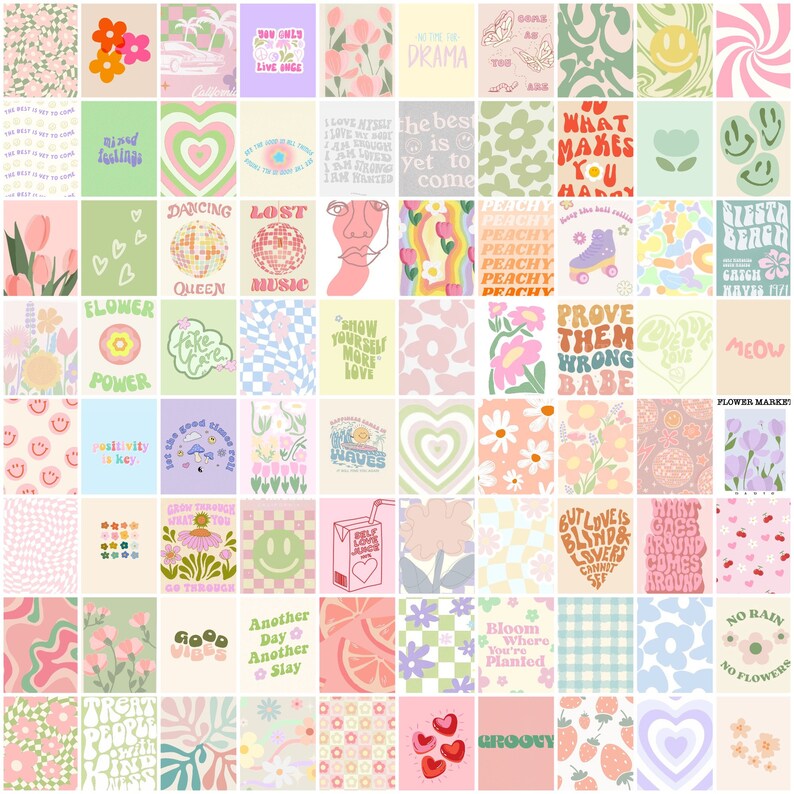 100 Piece Danish Pastel Aesthetic Wall Collage Danish Pastel Wall Decor Dorm Room Decor Digital ...