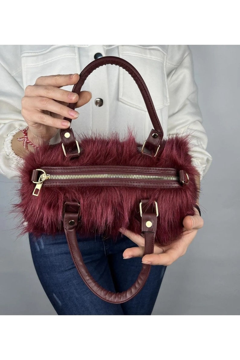 Burgundy Fluffy Plush Women's Hand and Shoulder Bag, Evening Elegance ...