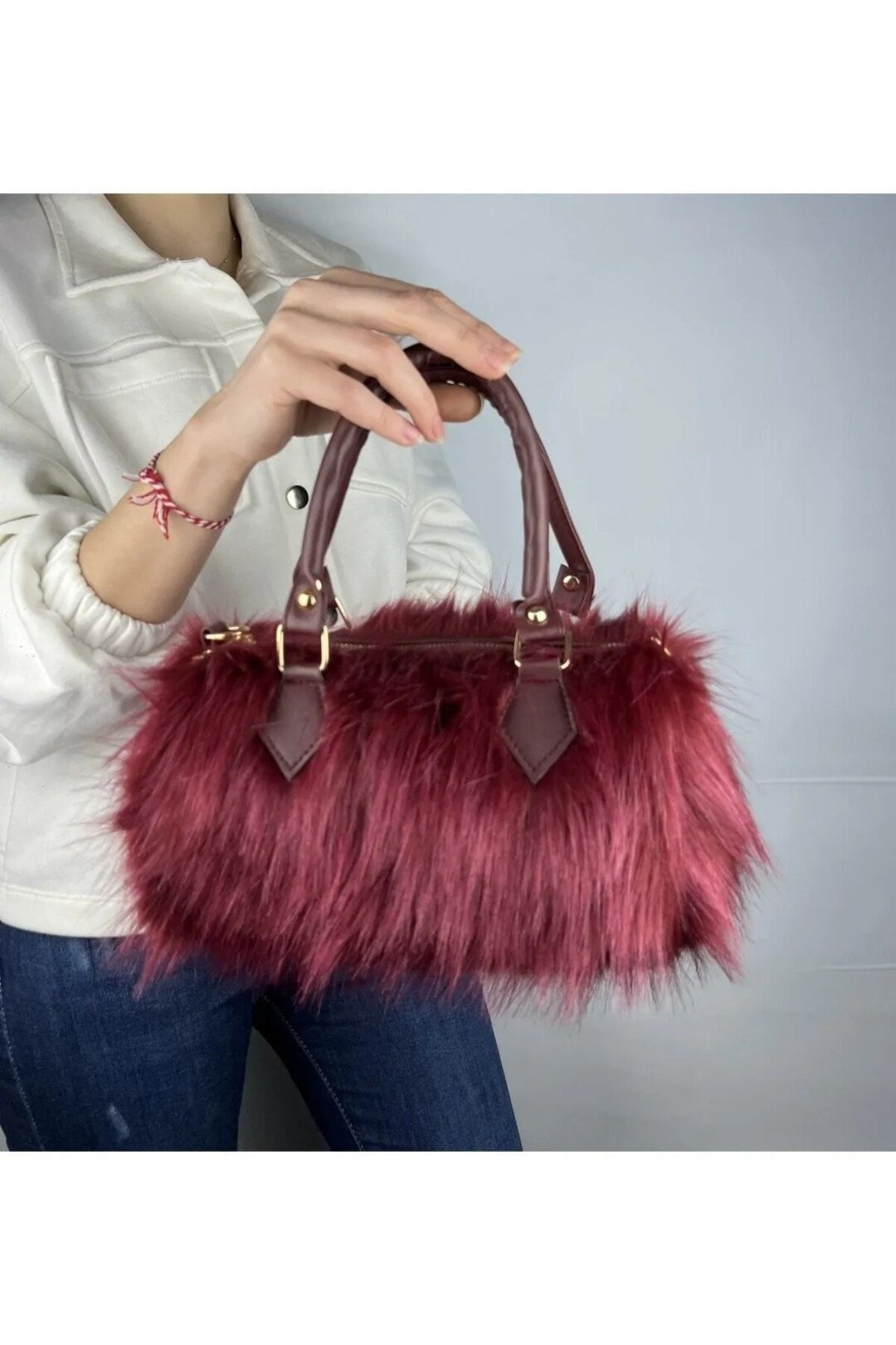 Burgundy Fluffy Plush Women's Hand and Shoulder Bag, Evening Elegance ...