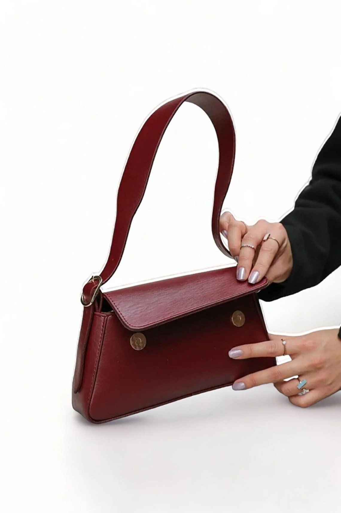 Mini Baguette Burgundy Bag, Vintage Style Leather Box Bag, Classic Faux ...