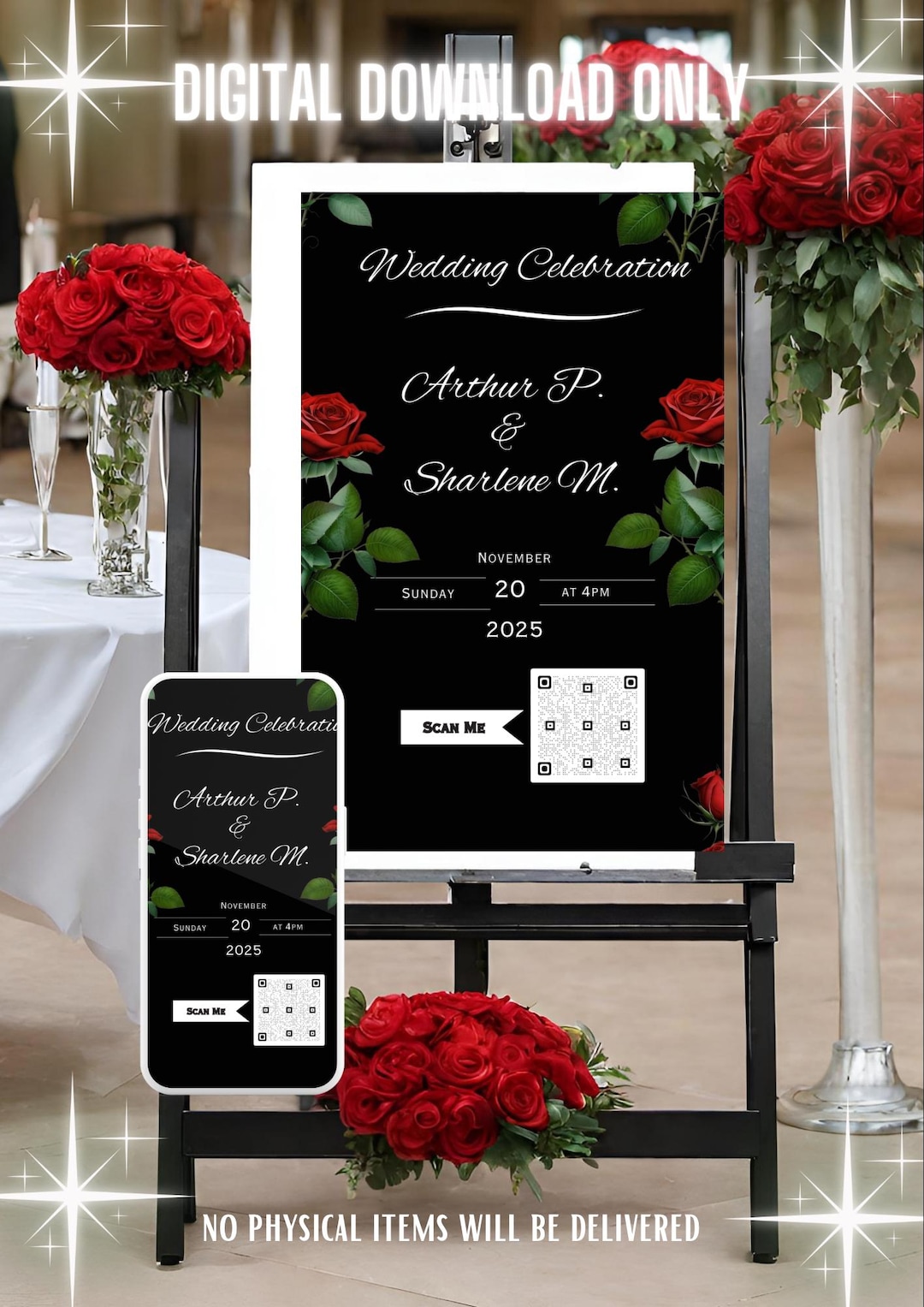 Red Rose Welcome Sign Template With Wedding Program QR Code (digital ...