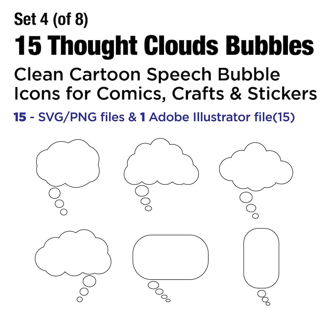 Set 4 – 15 Thought Clouds – Clean Cartoon Thought Bubble Icons for ...