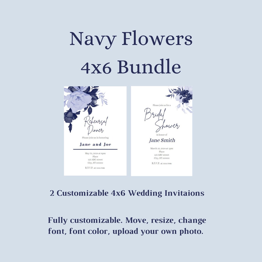 Navy Flowers 4x6 Invitation Bundle Canva Template - Etsy