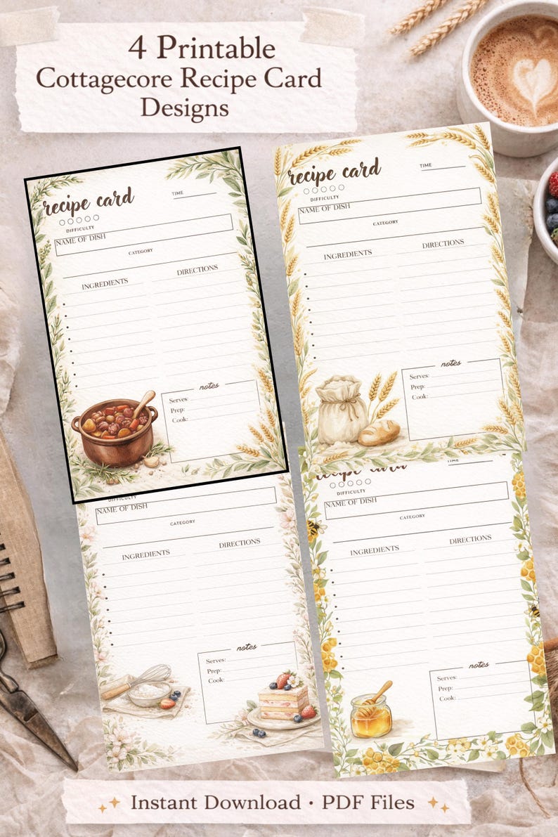 Rustic Kitchen Recipe Cards (4 Designs): Printable Pdfs - Etsy