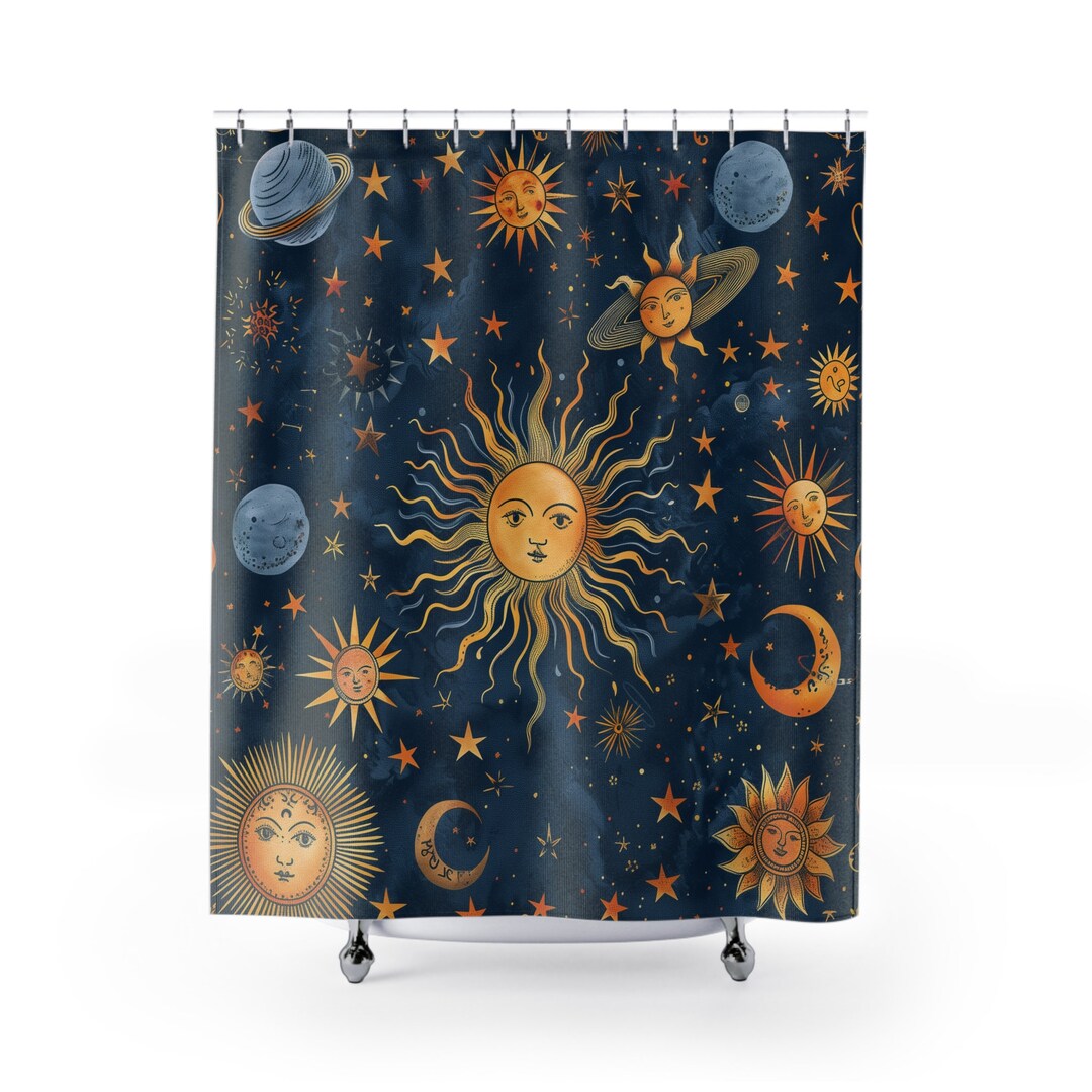 Celestial Fabric Shower Curtain, Sun, Moon, Stars, Planets, Against a ...
