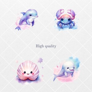 Undersea Watercolor Clipart Bundle, Cute Ocean Chibi Aquatic Animals ...