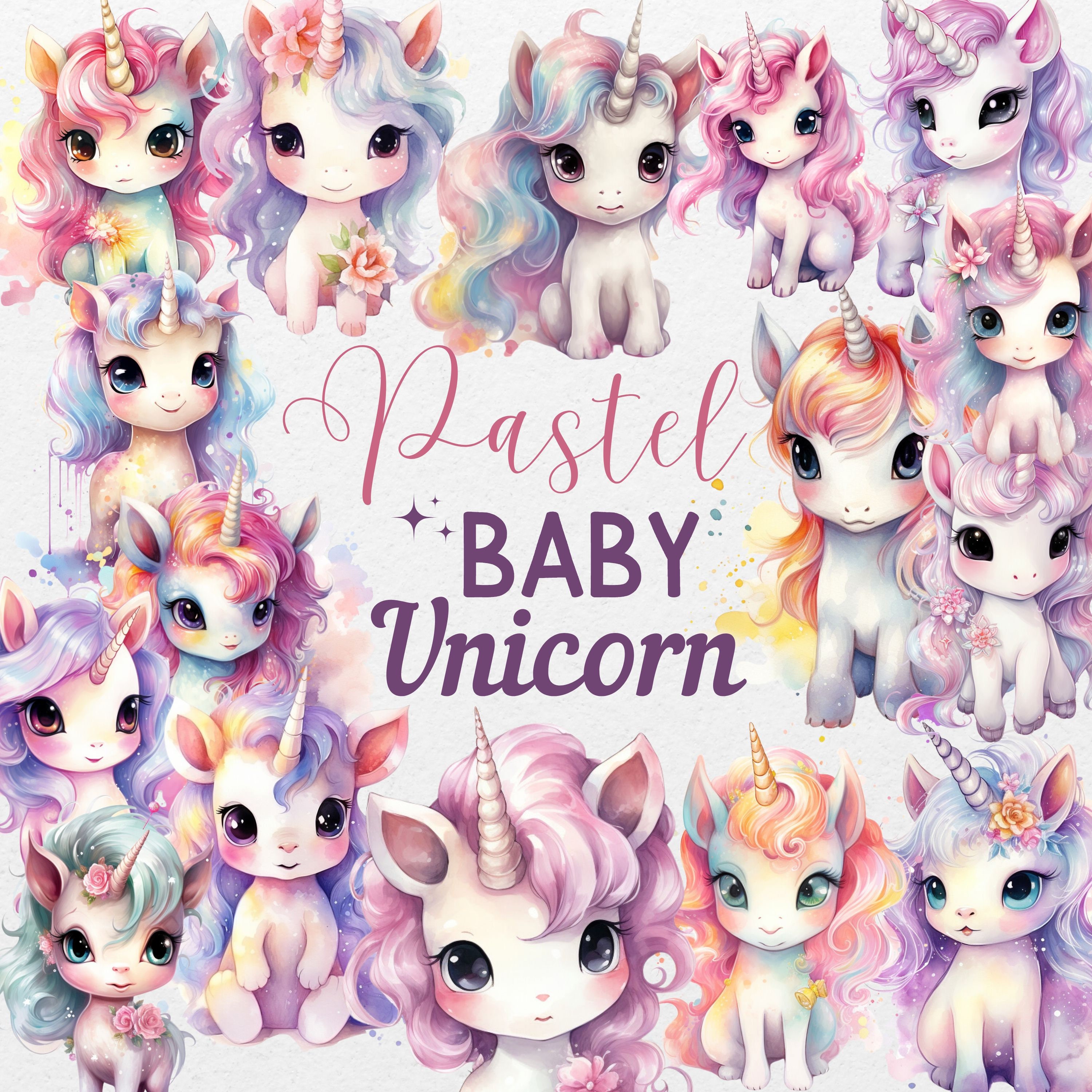 Watercolor Baby Unicorn Clipart Bundle Cute Fantasy Kawaii Chibi Png ...