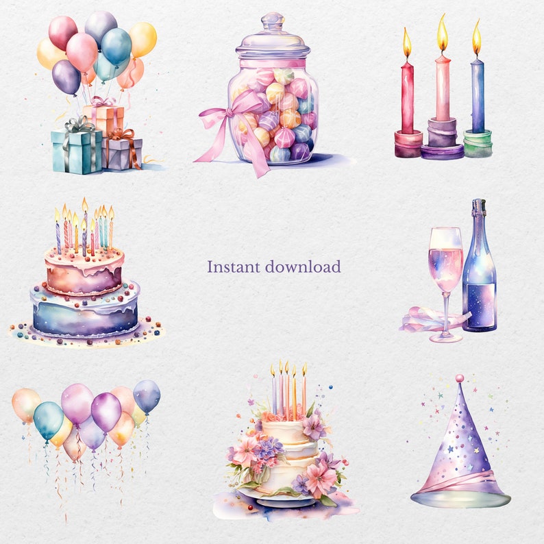 Watercolor Happy Birthday Party Clipart Cake Present Balloon Png ...