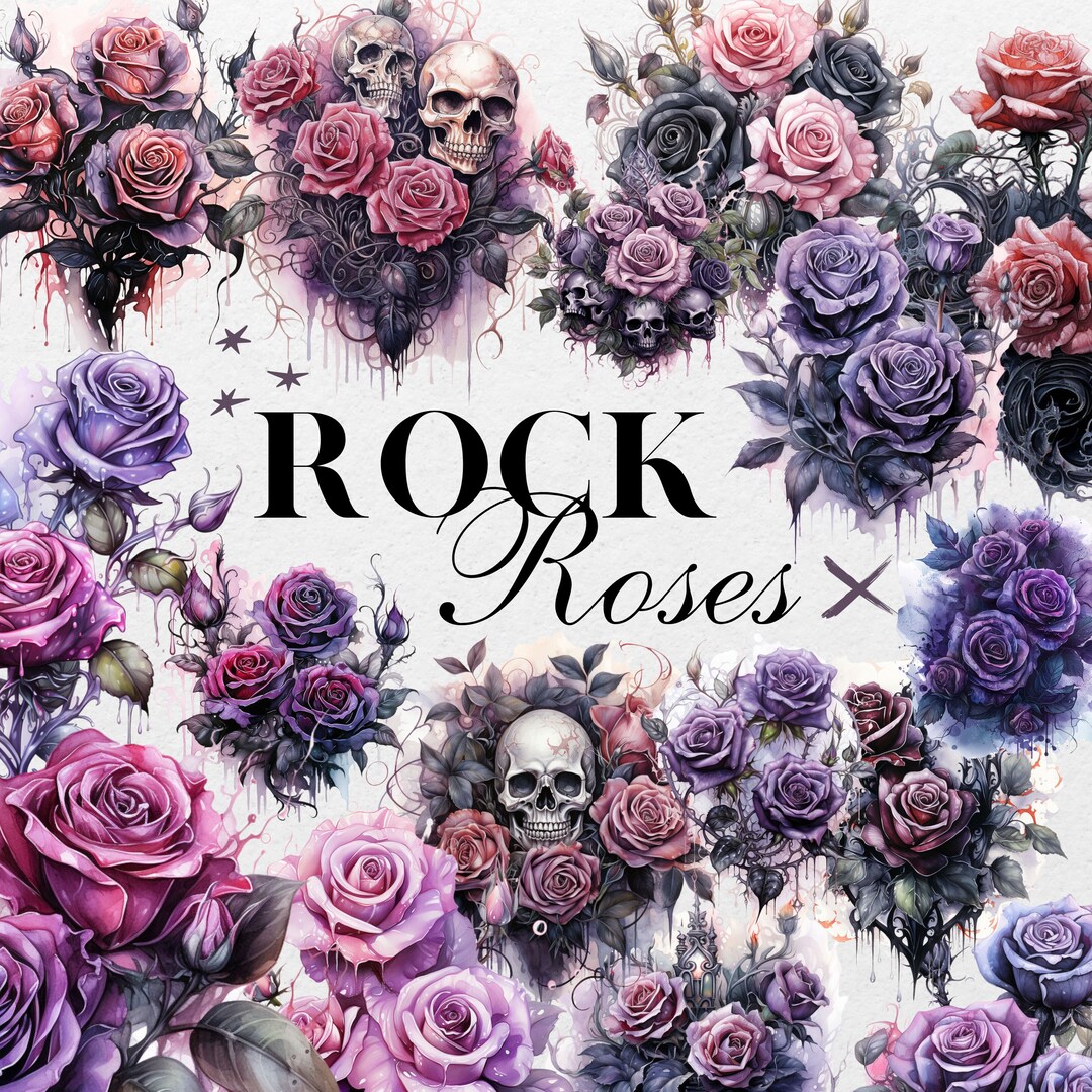 Rock Roses Clipart - Watercolor Floral Clipart - Gothic Clipart - Skull ...