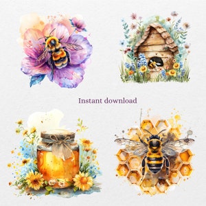 Watercolor Honey Bee Clipart - Bees Clipart - Floral Clipart ...