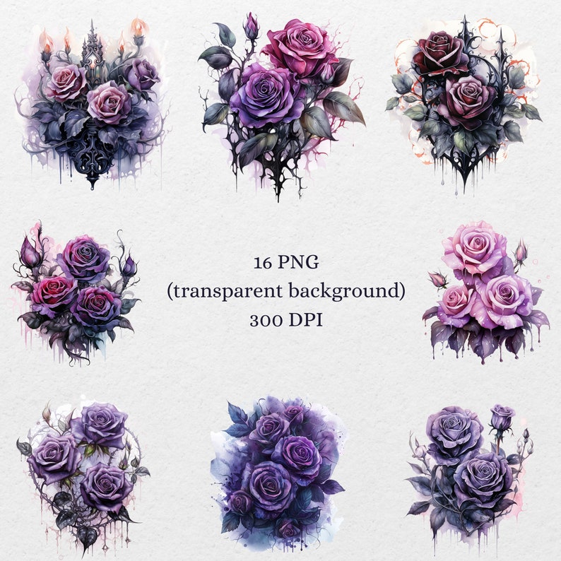 Rock Roses Clipart - Watercolor Floral Clipart - Gothic Clipart - Skull ...