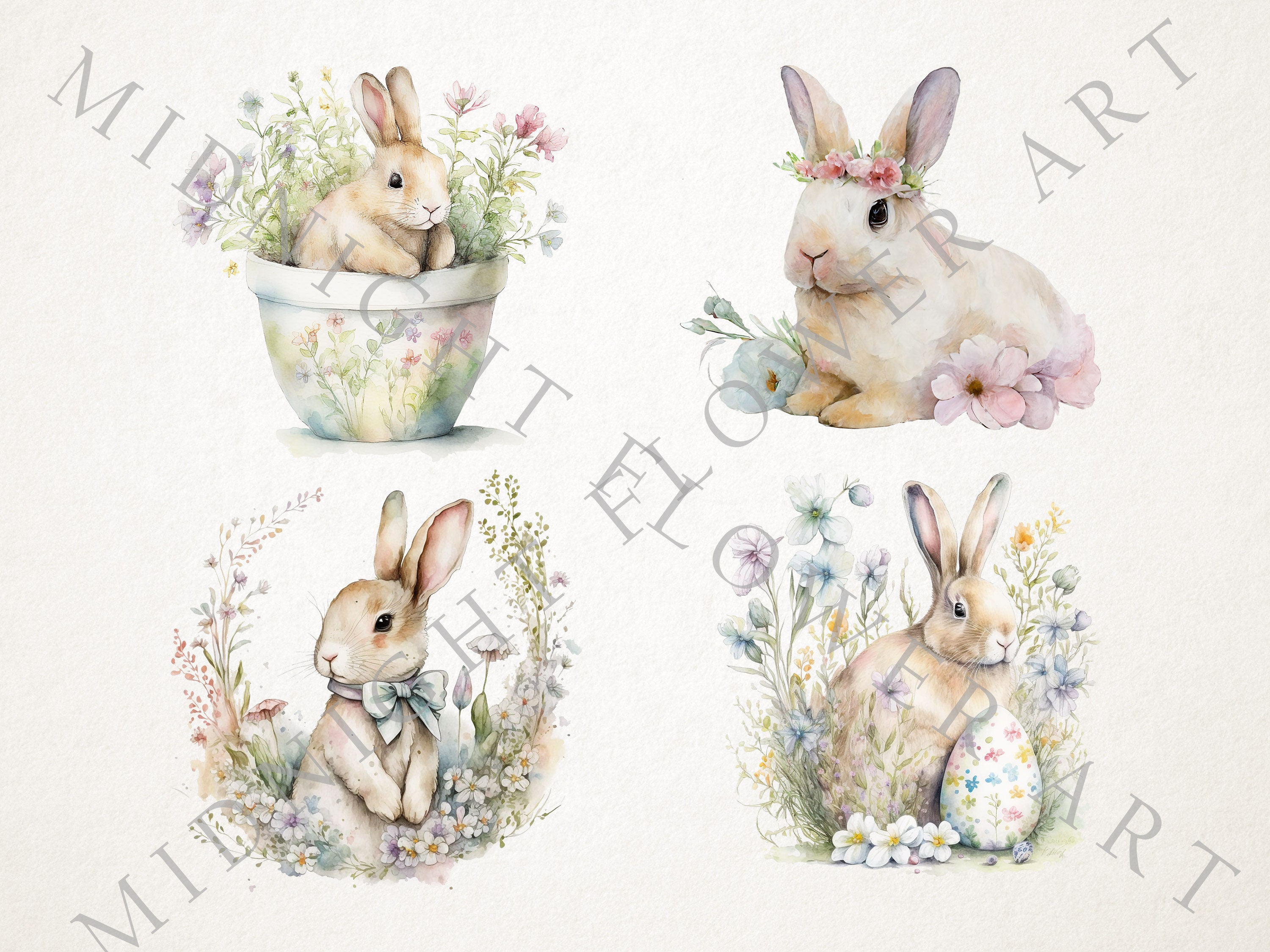 Bunnies and Wildflowers Clipart, Cute Bunny Clipart, Easter Clipart ...