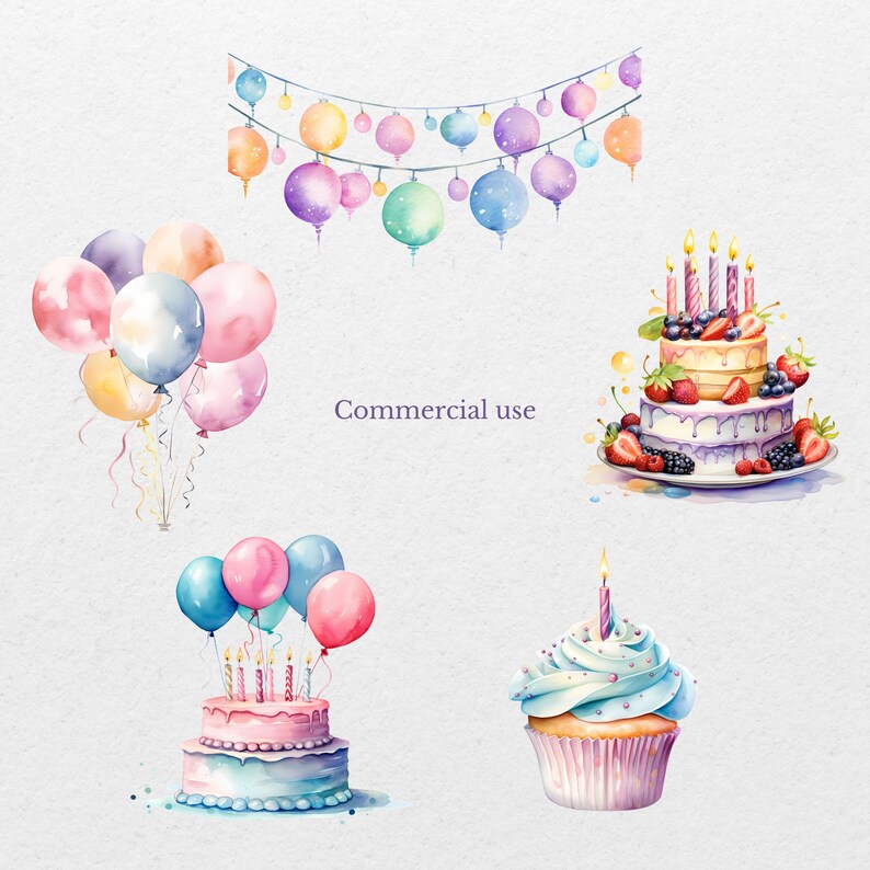 Watercolor Happy Birthday Party Clipart Cake Present Balloon Png ...