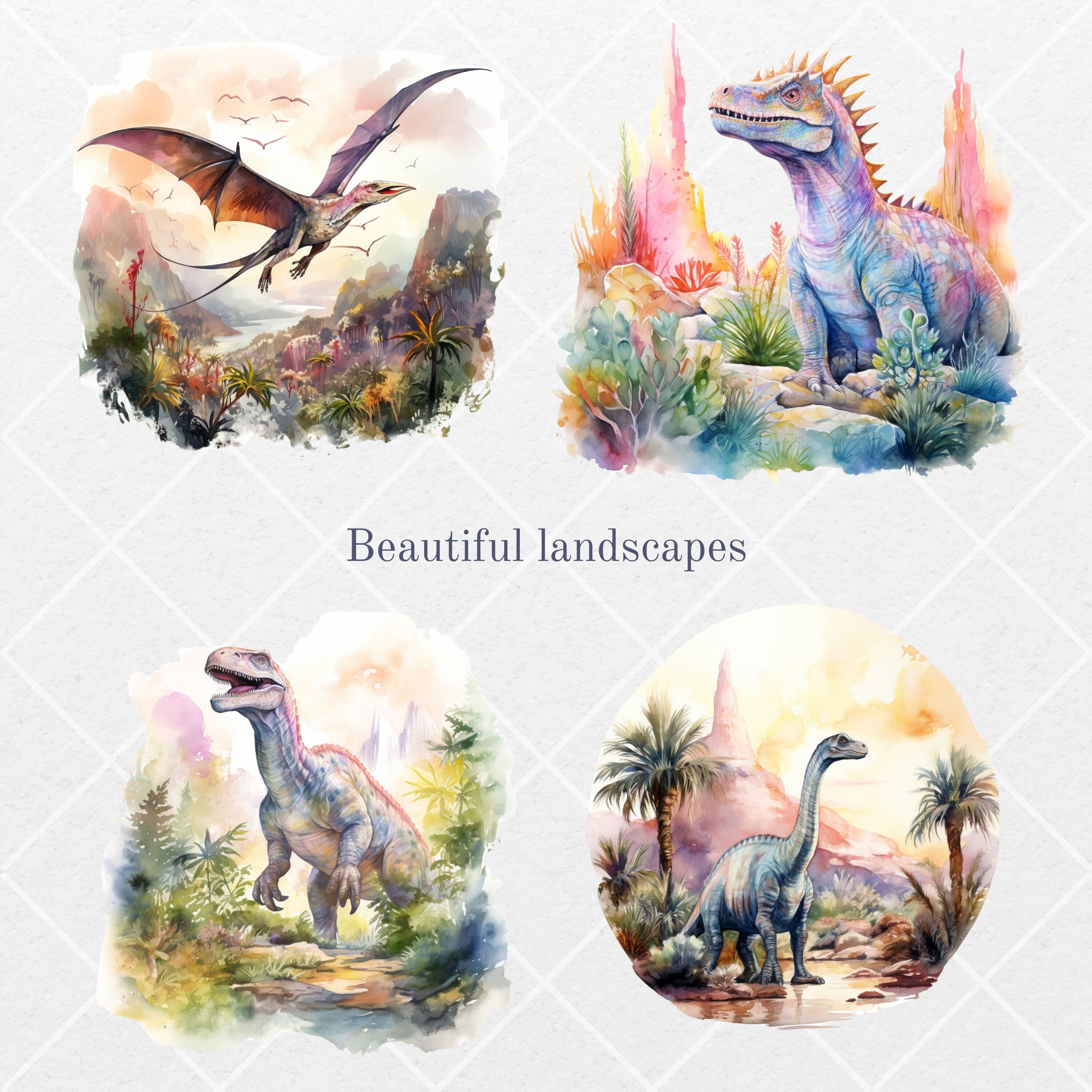 Watercolor Dinosaurs Clipart Bundle Prehistoric Dino Landscape Png ...