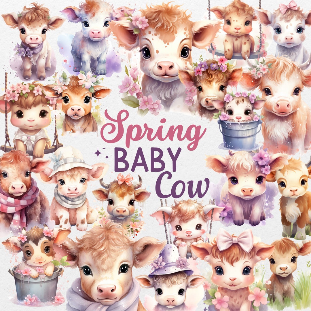 Watercolor Spring Baby Cow Clipart Bundle Farm Barn Animal Png Cute ...