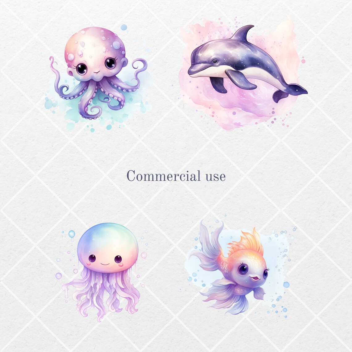 Undersea Watercolor Clipart Bundle, Cute Ocean Chibi Aquatic Animals ...