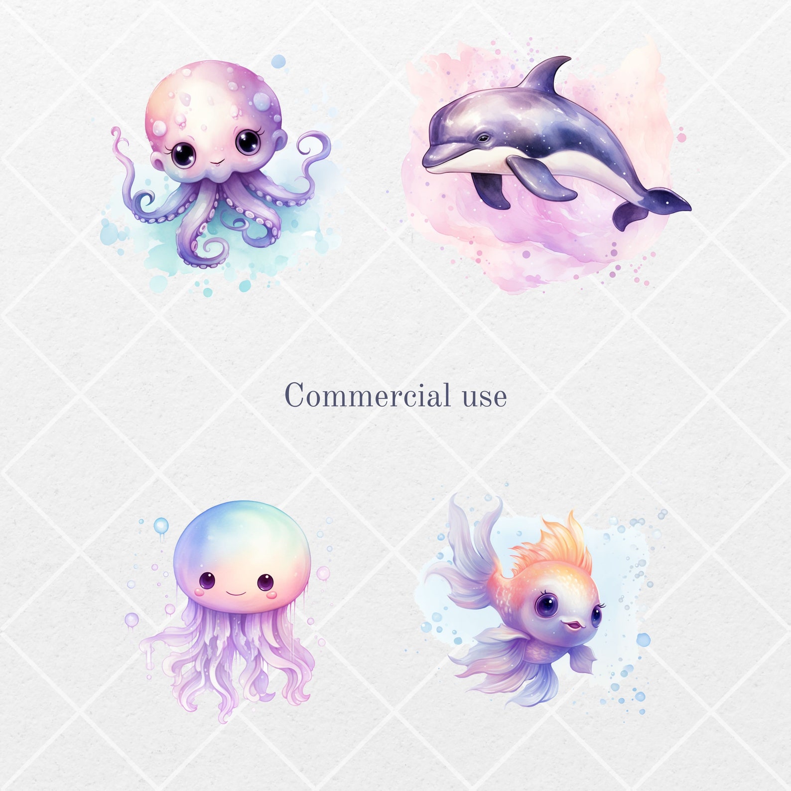 Undersea Watercolor Clipart Bundle, Cute Ocean Chibi Aquatic Animals ...