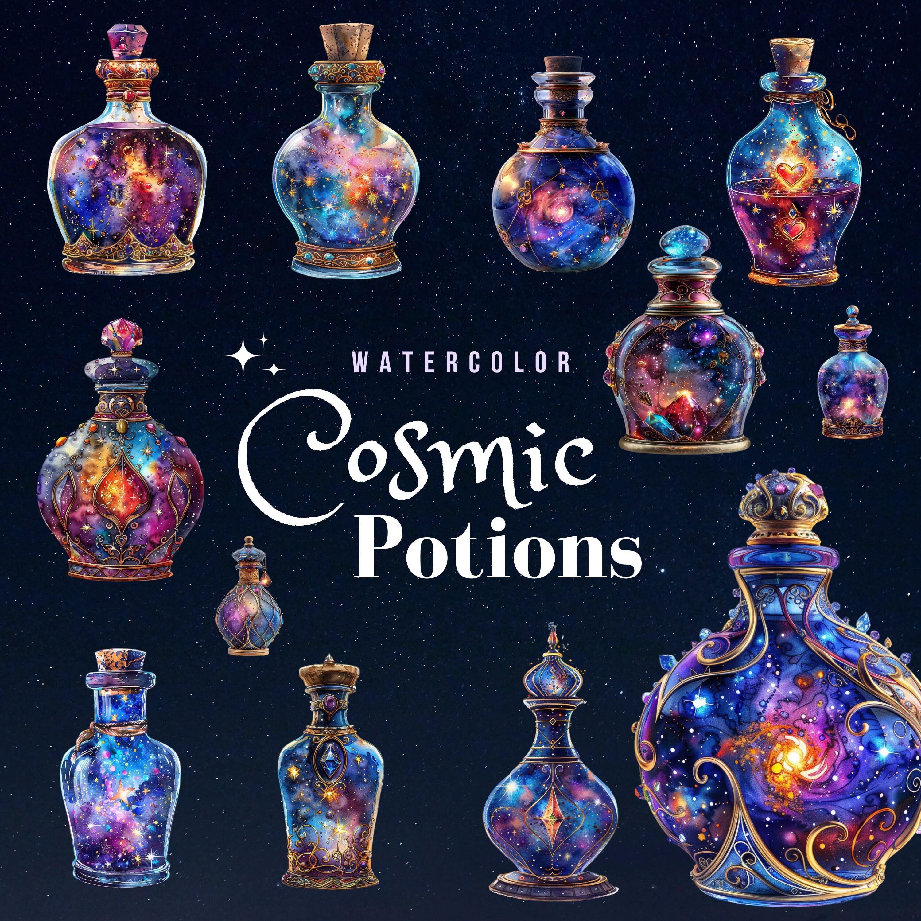 Watercolor Cosmic Potions Clipart - Watercolor Witchy Astrology - Magic ...
