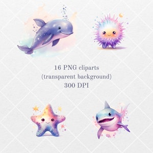 Undersea Watercolor Clipart Bundle, Cute Ocean Chibi Aquatic Animals ...