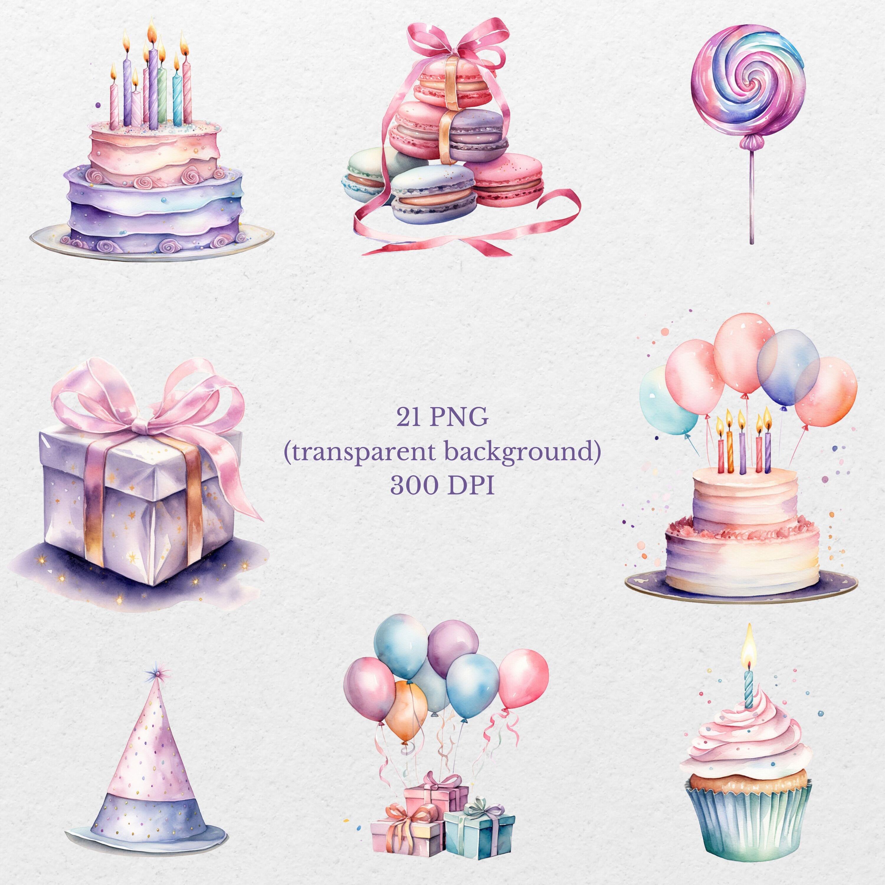Watercolor Happy Birthday Party Clipart Cake Present Balloon Png ...