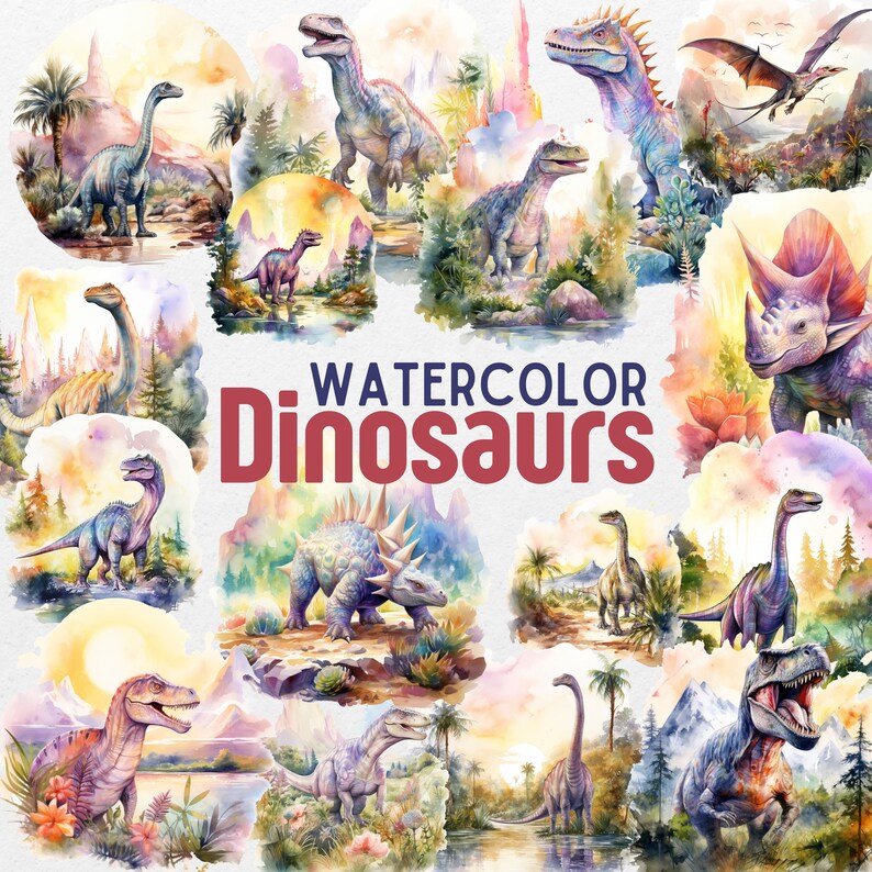 Watercolor Dinosaurs Clipart Bundle Prehistoric Dino Landscape Png ...