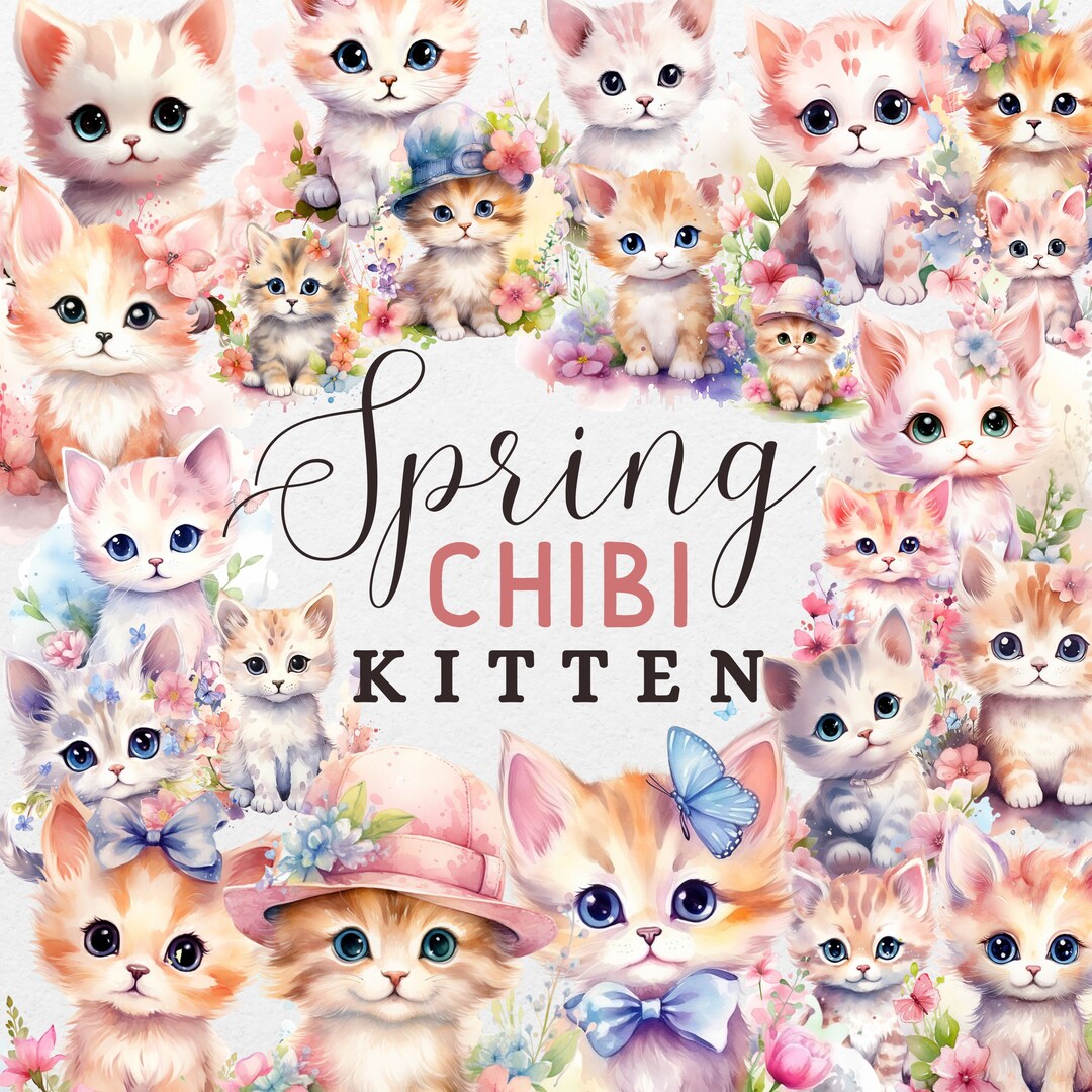 Watercolor Sping Kitten Clipart Bundle Cute Chibi Kawaii Cat Floral Png ...