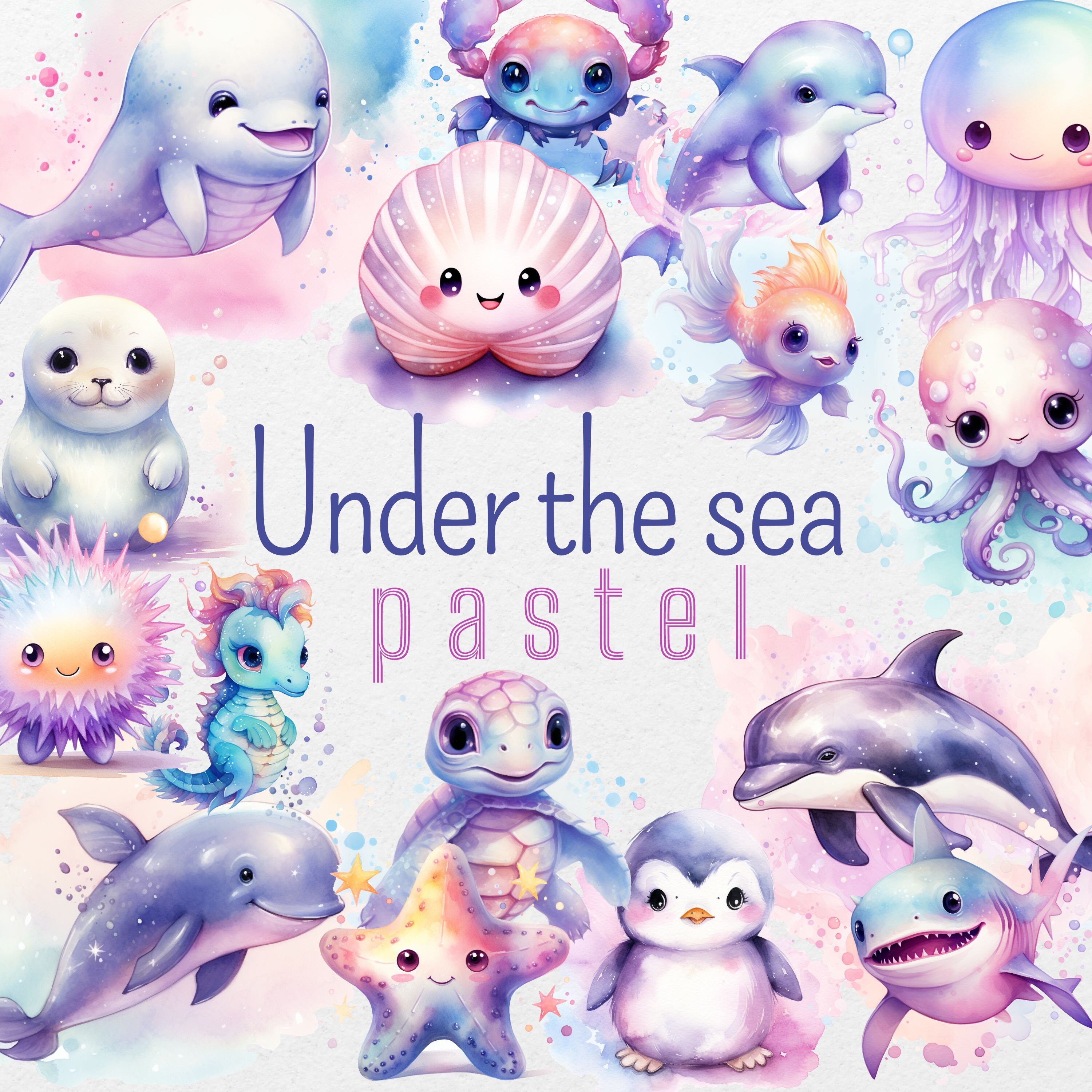 Undersea Watercolor Clipart Bundle, Cute Ocean Chibi Aquatic Animals ...