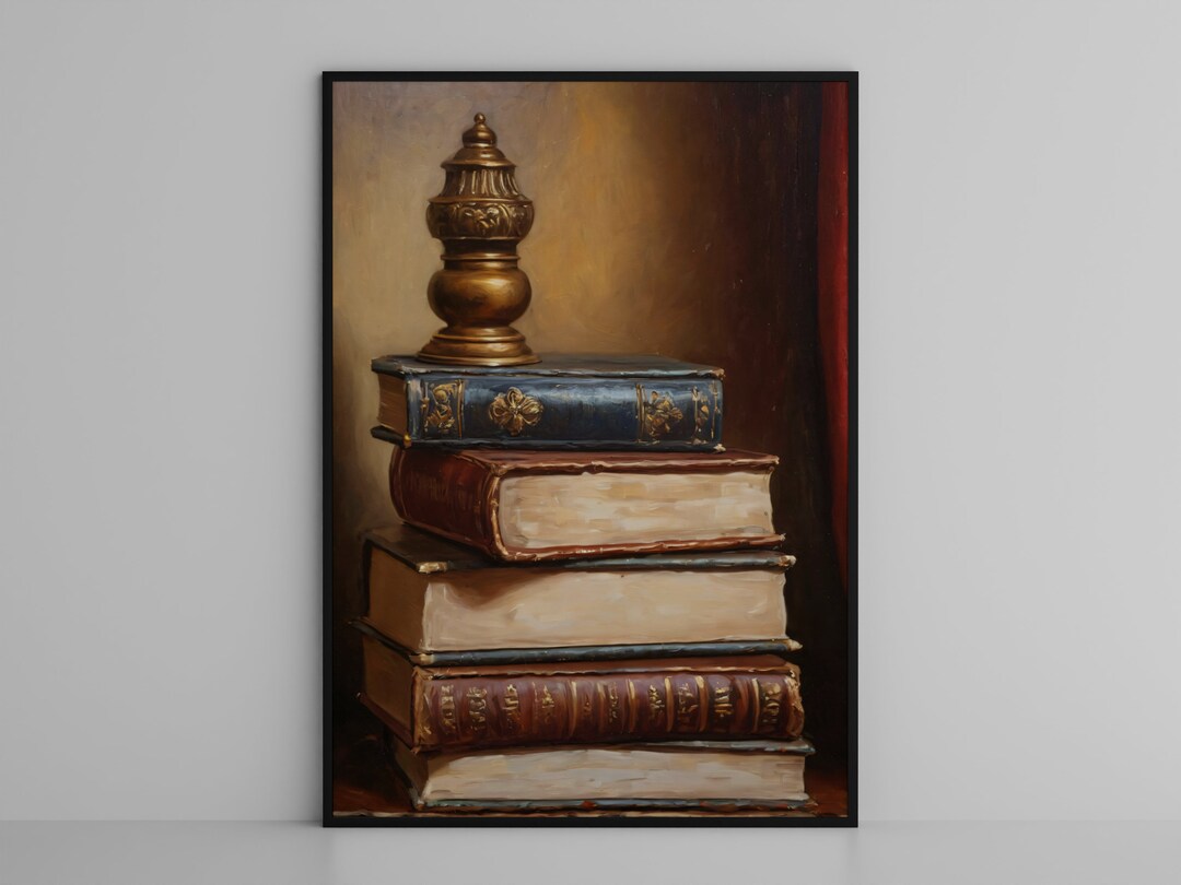 Moody Vintage Stack of Books Oil Painting Wall Art - Etsy