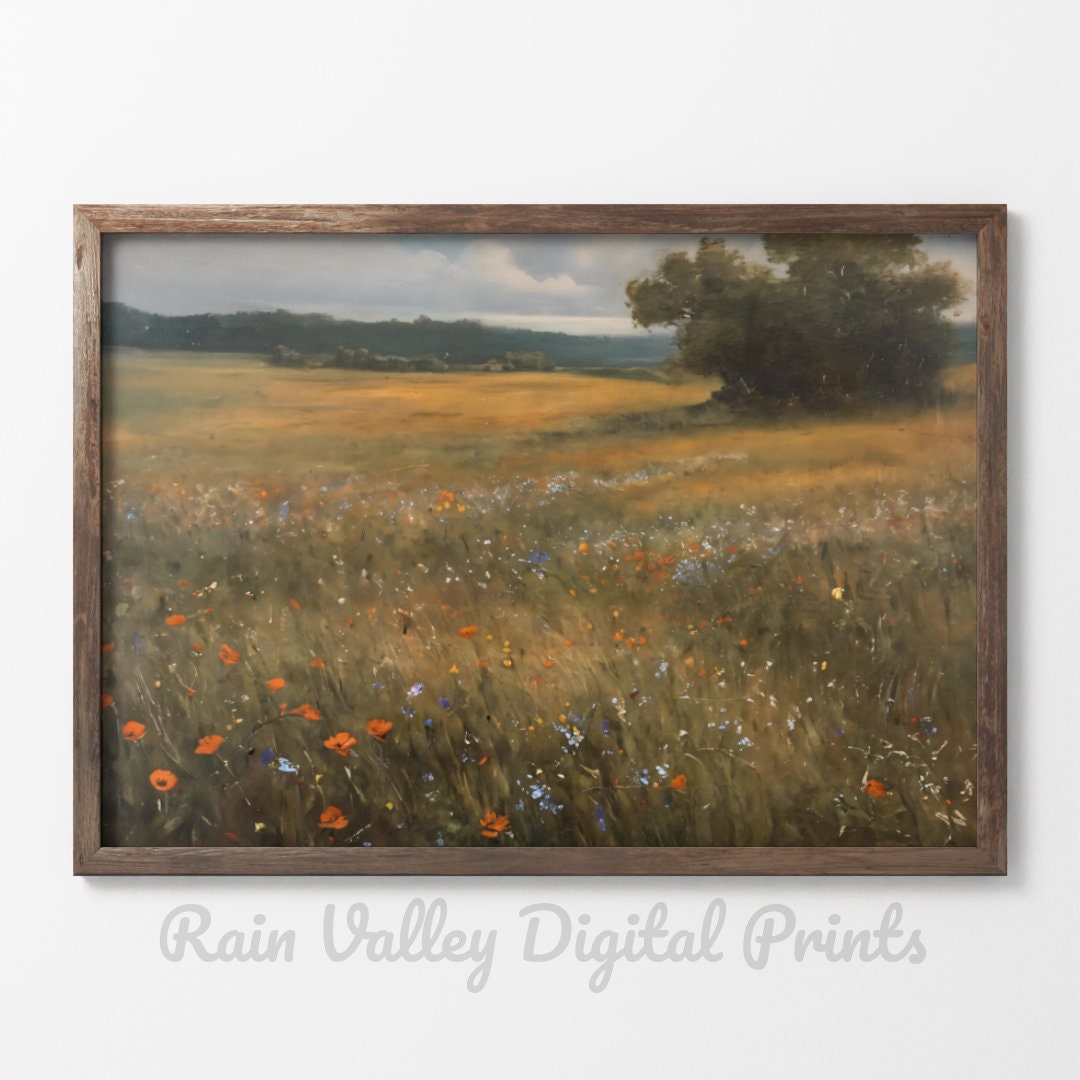 Windswept Summer Wildflowers, Vintage Oil Painting for Rustic Wall ...