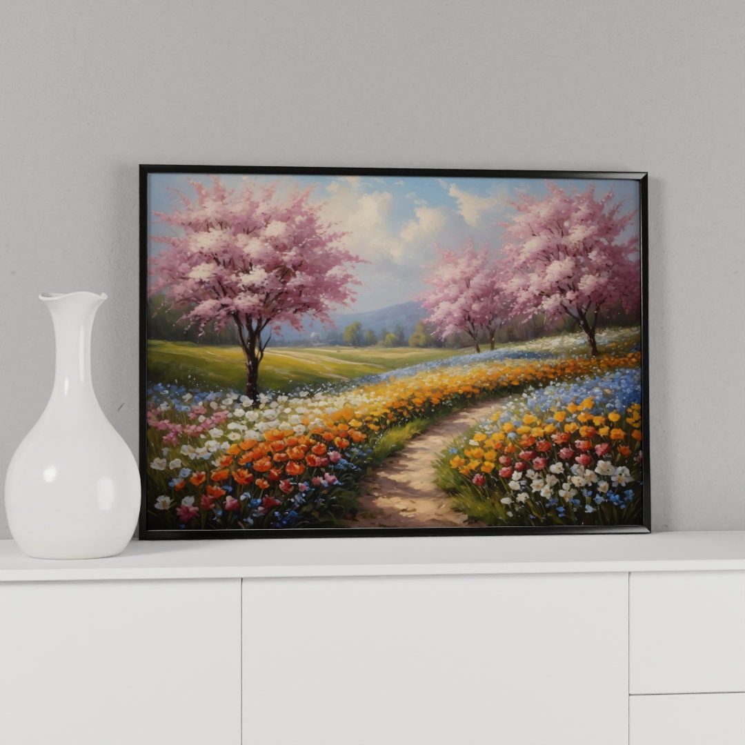 Cherry Blossom Oil Painting: Spring Wildflower Field (digital Print) - Etsy
