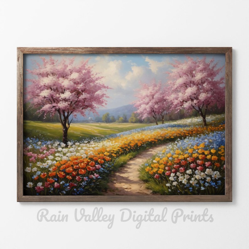 Cherry Blossom Oil Painting: Spring Wildflower Field (digital Print) - Etsy