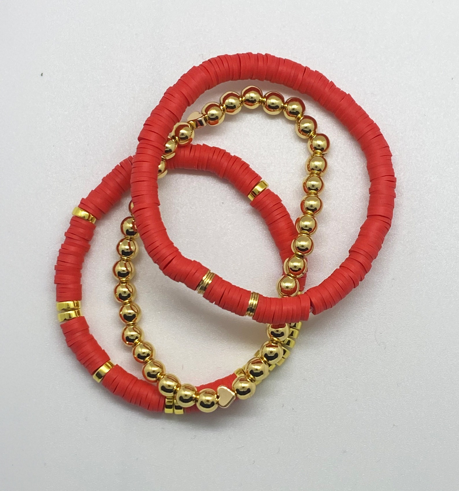 Handmade Red Clay Beads With 18K Gold Filled Beads - Gold Plated Heart ...