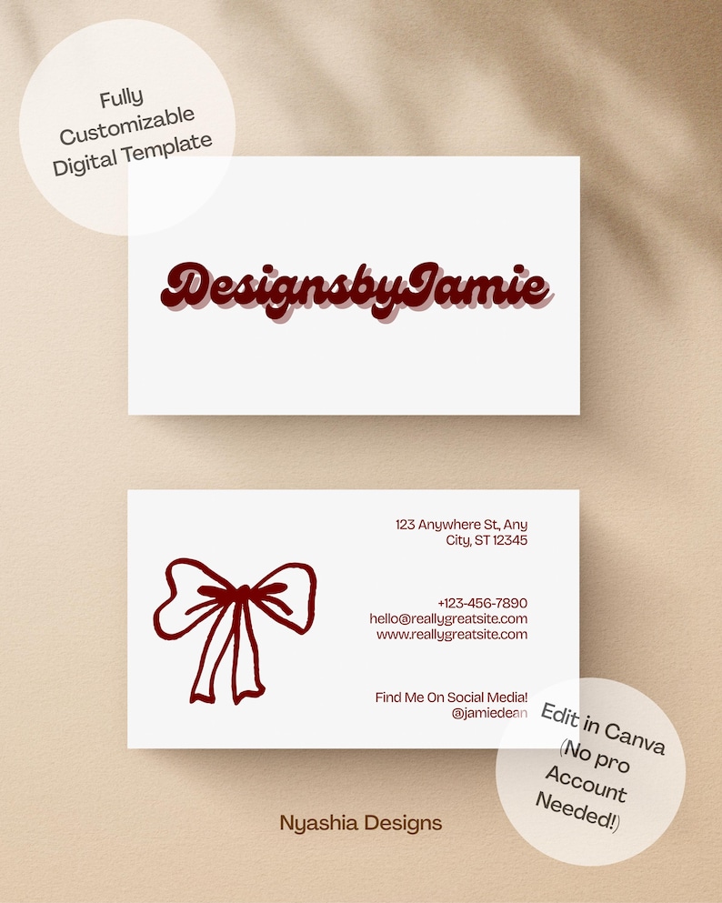 Feminine Pink Bow Business Card Template | Editable Canva Design ...