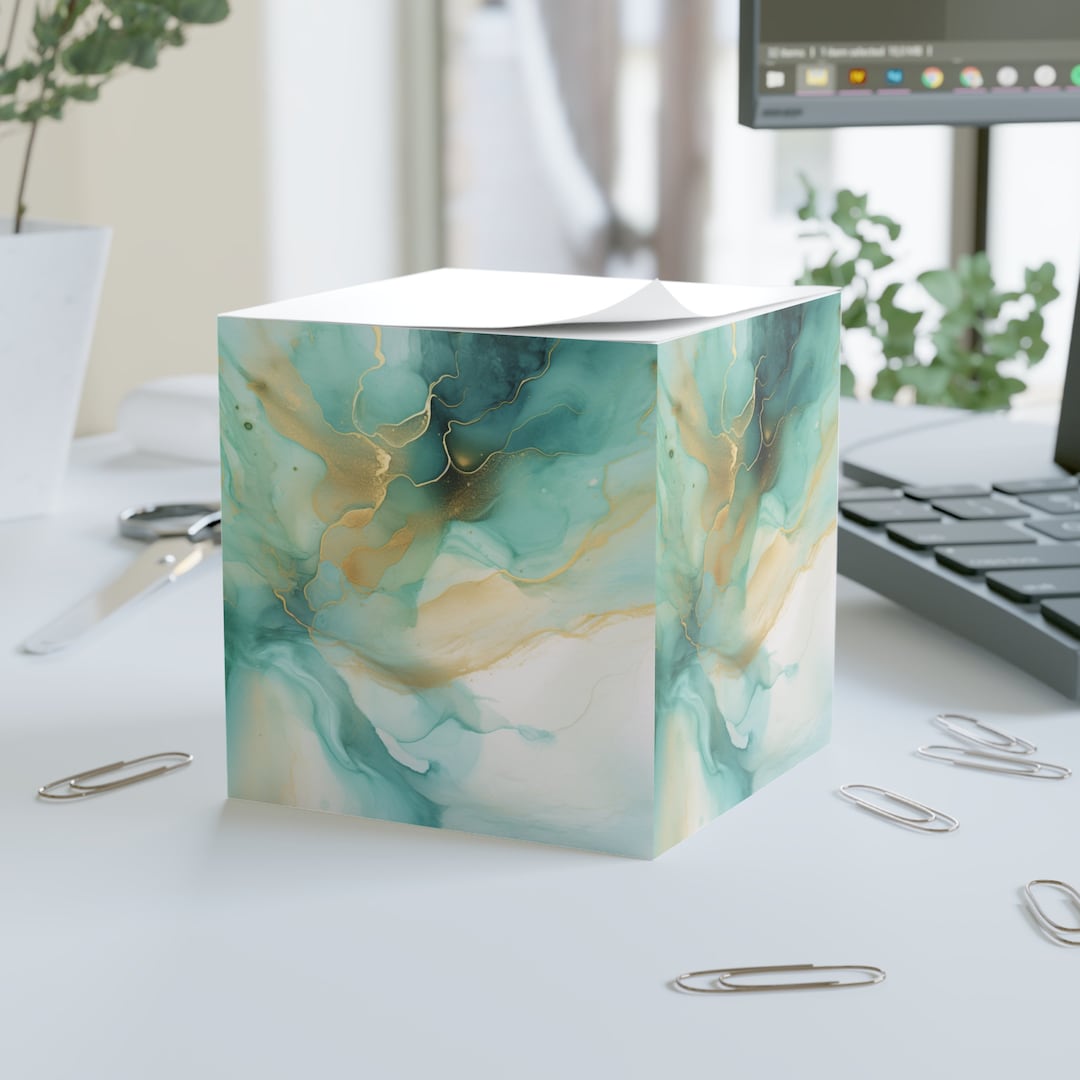 Teal and Gold Note Cube, Desk Decorations, Sticky Notes, Post It Notes ...