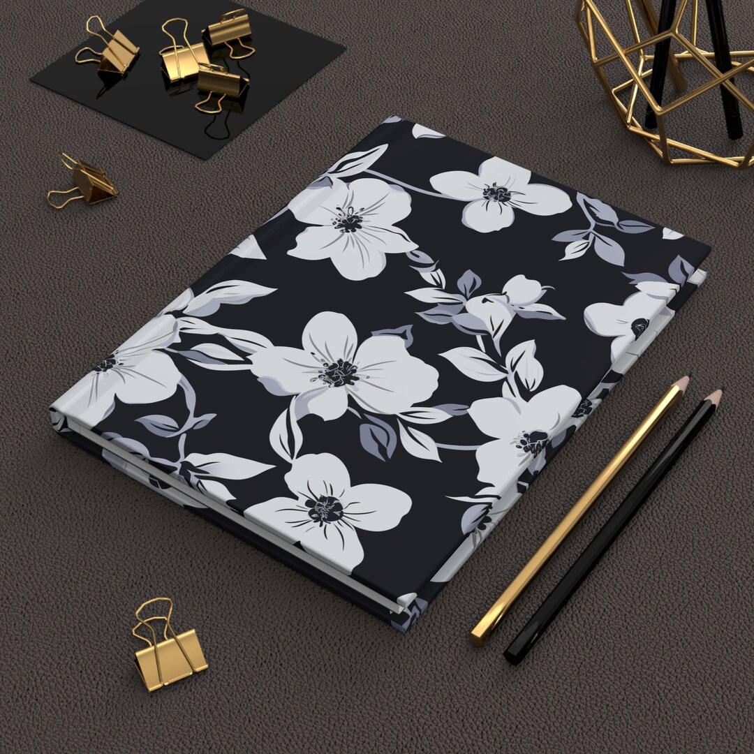 Chic White Floral Pattern Hardcover Notebook, Dark Background Designer ...
