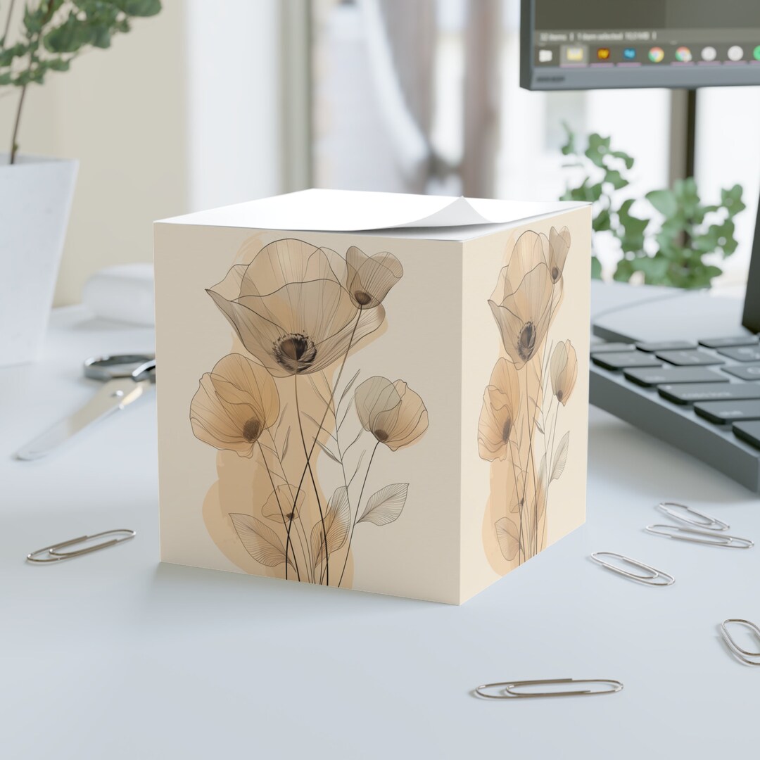 Vintage Transparent Poppy Note Cube, Retro Floral Design, Stylish ...