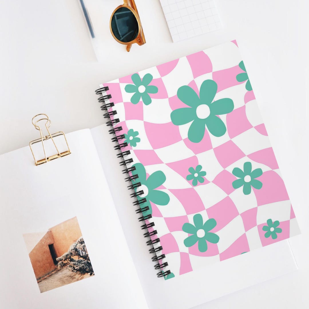Pink Floral Checkerboard Notebook - Cute Aesthetic Spiral Journal - Fun ...
