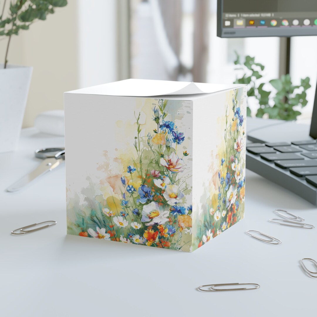 Watercolor Floral Sticky Note Cube, Decorative Memo Block, Stationery ...